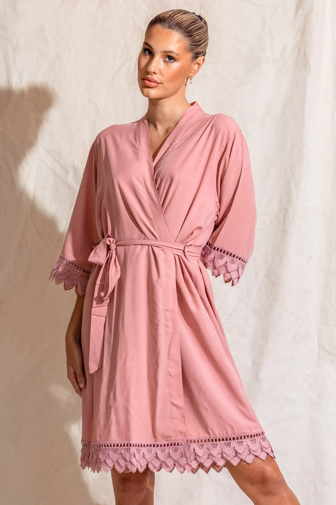 Ava Coral Pink Matte Feather Lace Bridesmaid Robe