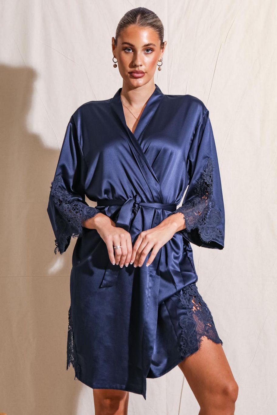 Amelie Navy Satin Bridesmaid Robe with Lace Trim